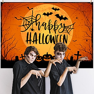 Mocsicka Happy Halloween Backdrop Orange Night Moon Graveyard Background Spooky Pumpkin Spider Web Halloween Party Cake Table Decoration Banner Photo Booth Props (7x5ft)