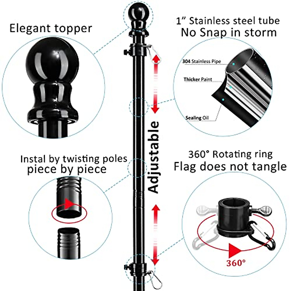 Black Flag Poles for Outside in Ground - 8FT Flag Pole for House with 2 Pronges Base - Stainless Steel Flag Pole Kit with 3x5FT American Flag for Yard Residential Commercial