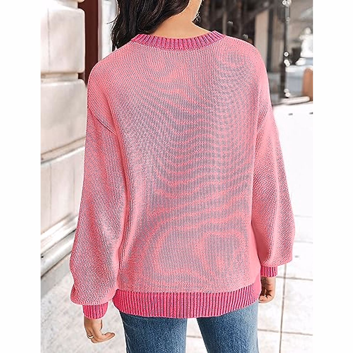 ZESICA Women's Casual Long Sleeve Crew Neck Pullover 2025 Spring Ribbed Knit Loose Contrast Color Sweater Tops,HotPink,Medium