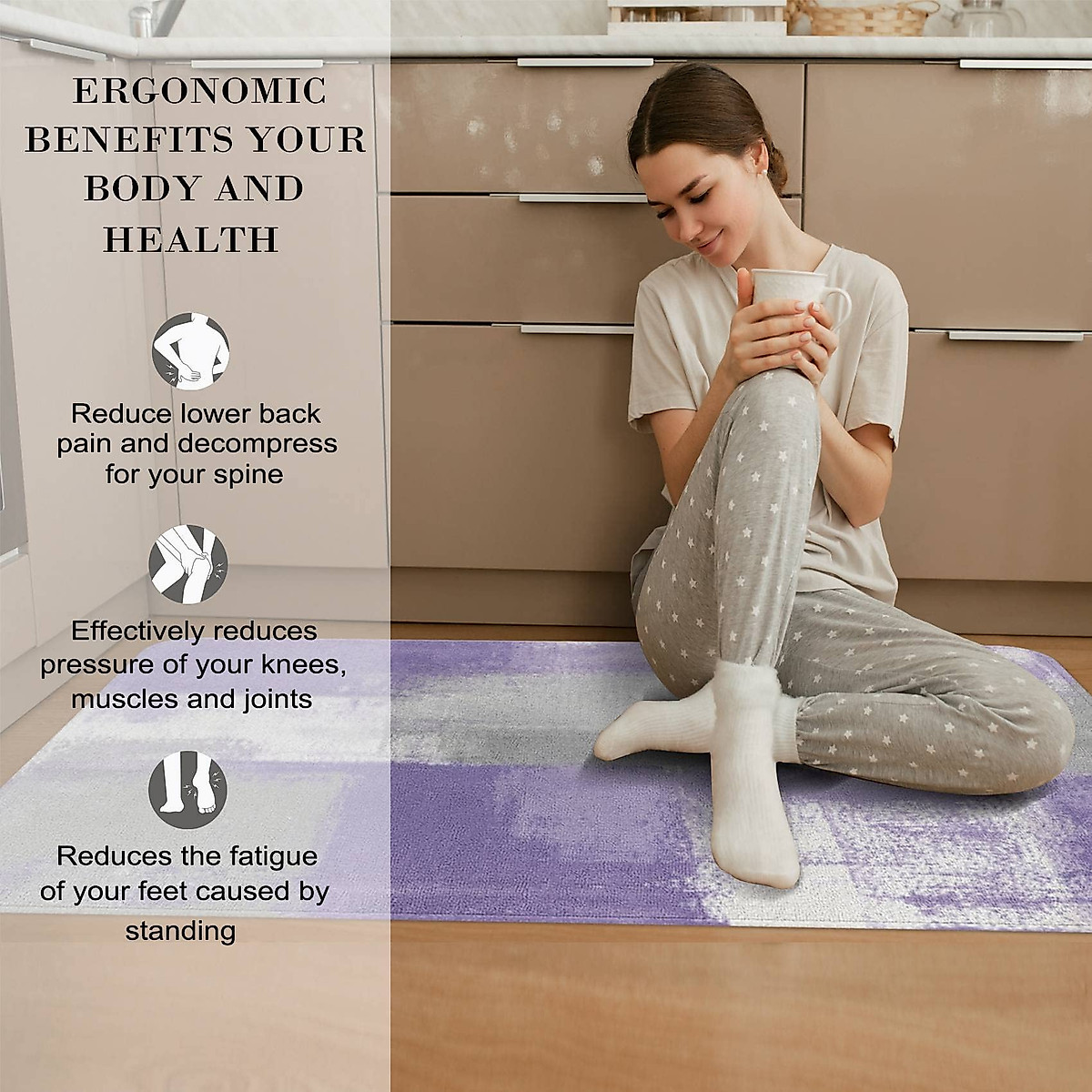 RYANZA 2 Pieces Kitchen Rugs, Abstract Anti Fatigue Non Slip Foam Cushioned Purple and Grey Art Painting Comfort Indoor Floor Mat Runner Rug Set for Laundry Office Sink Bathroom (17"x48"+17"x24")