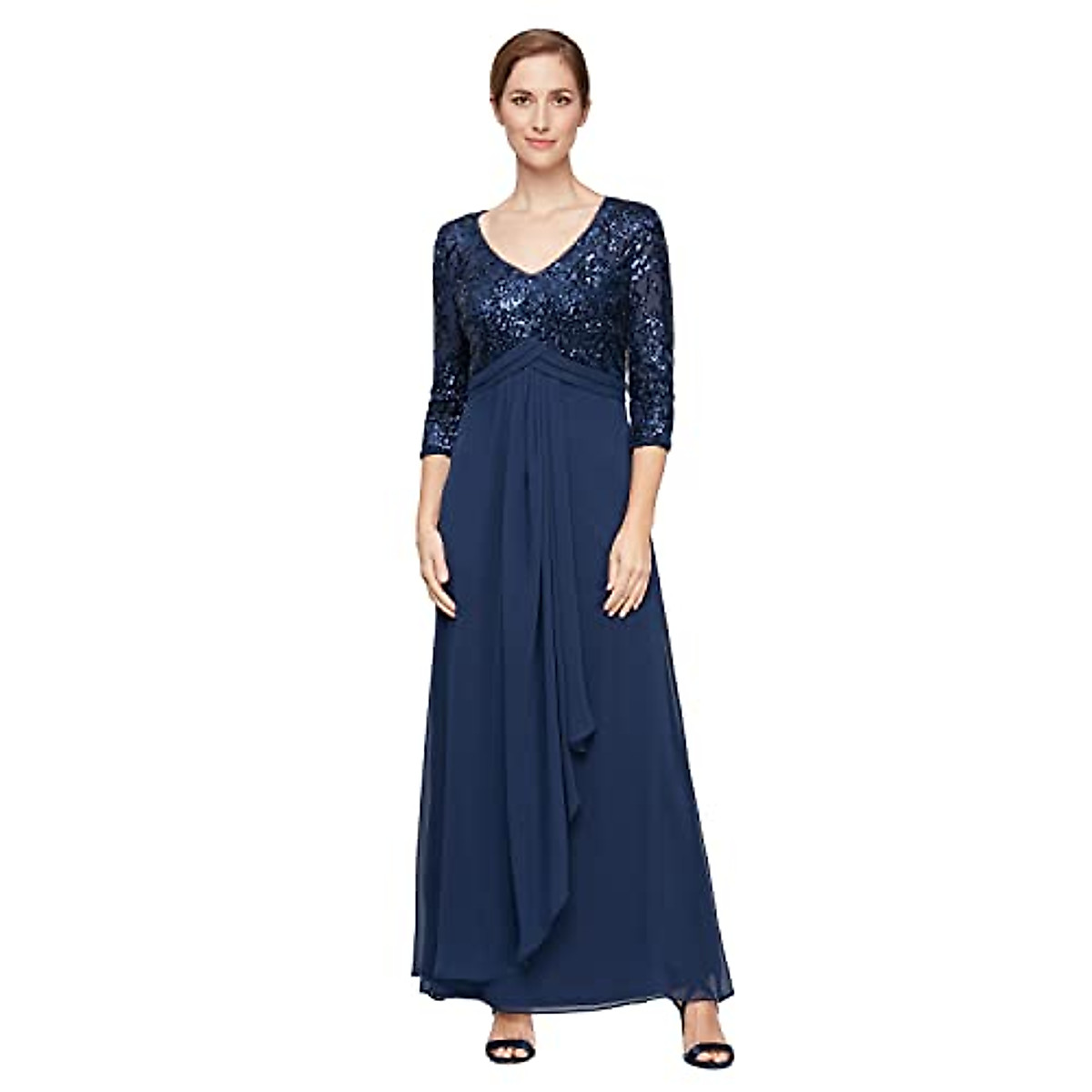 Alex Evenings Women's Petite Long Lace Top Empire Waist Dress, Navy Sequin, 16P