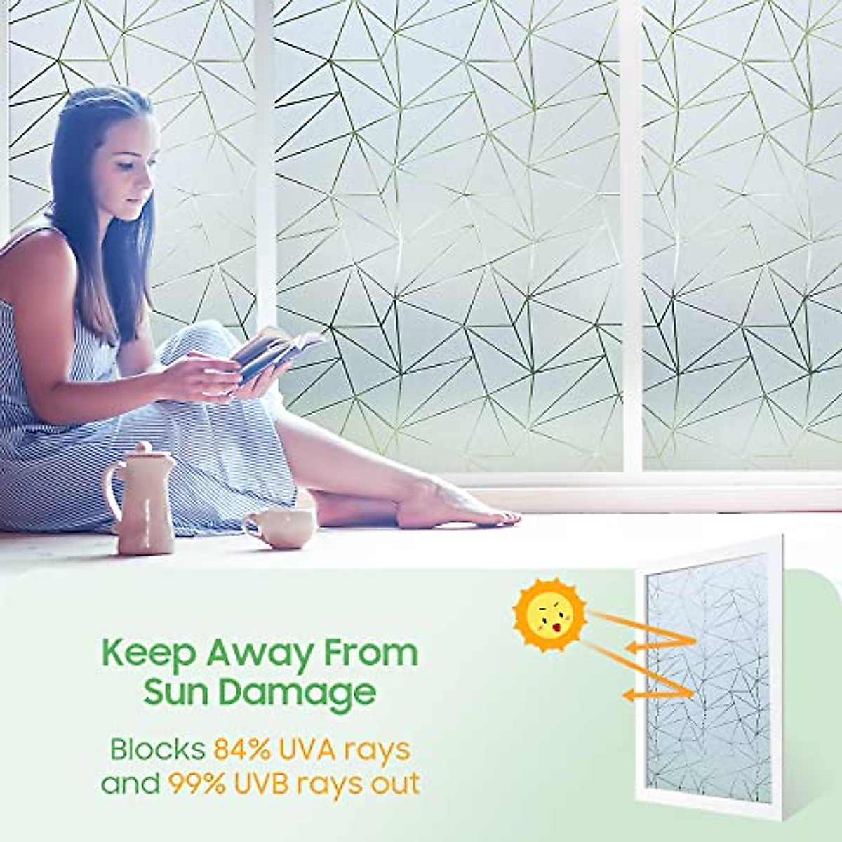 Viseeko Window Privacy Film Decorative Static Clings Sun UV Blocking Non-Adhesive Removable Glass Door Sticker for Home Office 11.8 x 78.7 inches Frosted Triangle