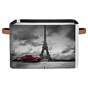 Large Collapsible Storage Bins ,Paris Eiffel Tower Car Decorative Canvas Fabric Storage Boxes Organizer with Handles，Rectangular Baskets Bin for Home Shelves Closet Nursery Gifts