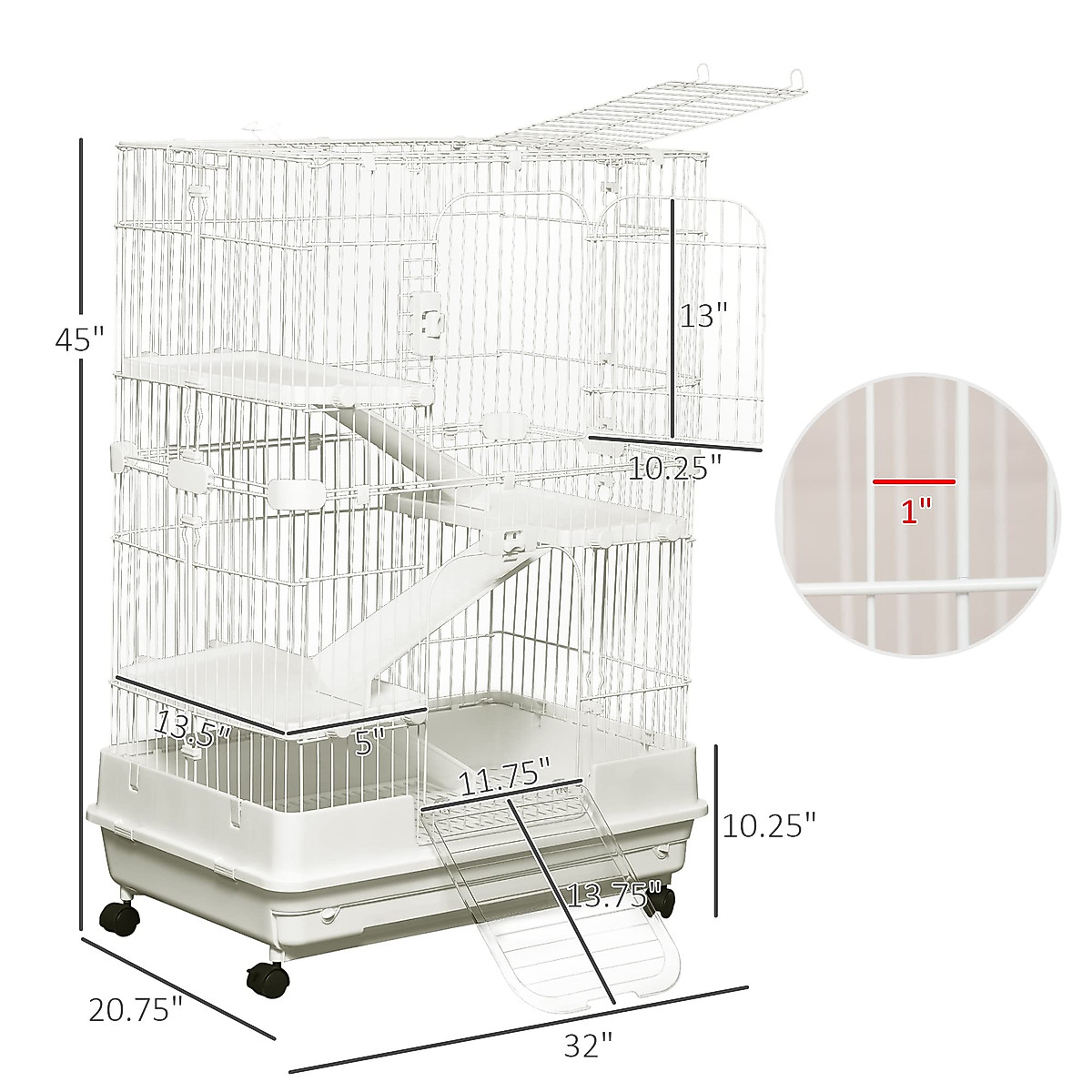 PawHut 4-Level Small Animal Cage Rabbit Hutch with Wheels, Removable Tray, Platform and Ramp for Bunny, Chinchillas, Ferret, White
