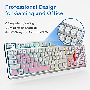 Lumsburry White Gaming Keyboard, Rainbow LED Backlit,19 Anti-ghosting Keys, USB Wired, Metal Panel, Ergonomic 104 Keys, Multimedia Control, Water-Resistant, Full Size, for Windows PC Mac Office Gamer