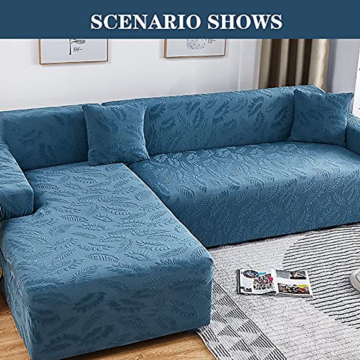 TVPFM Stretch Sofa Slipcover, Jacquard Sofa Cover Elastic Bottom Soft Furniture Protector for L-Shaped Sofa Cover for Pets Living Room-Blue-4 Seater