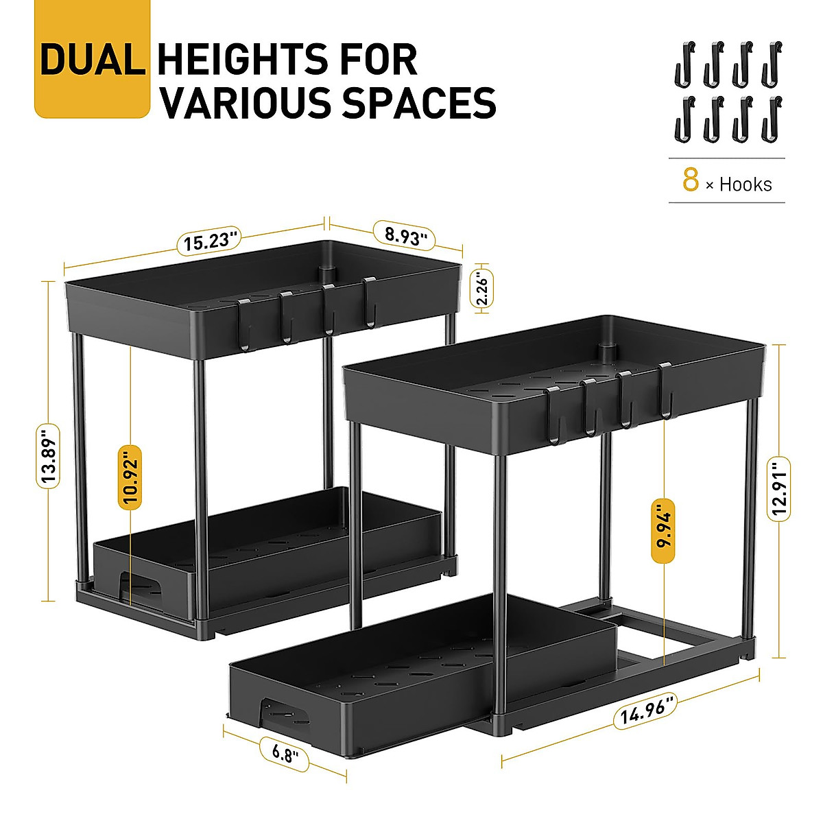 Delamu 2 Pack Under Sink Organizers and Storage, 2 Tier Pull Out Under Cabinet Organizer, Black Under Sink Storage for Bathroom Kitchen, Under Counter Storage organizer with 8 Hooks