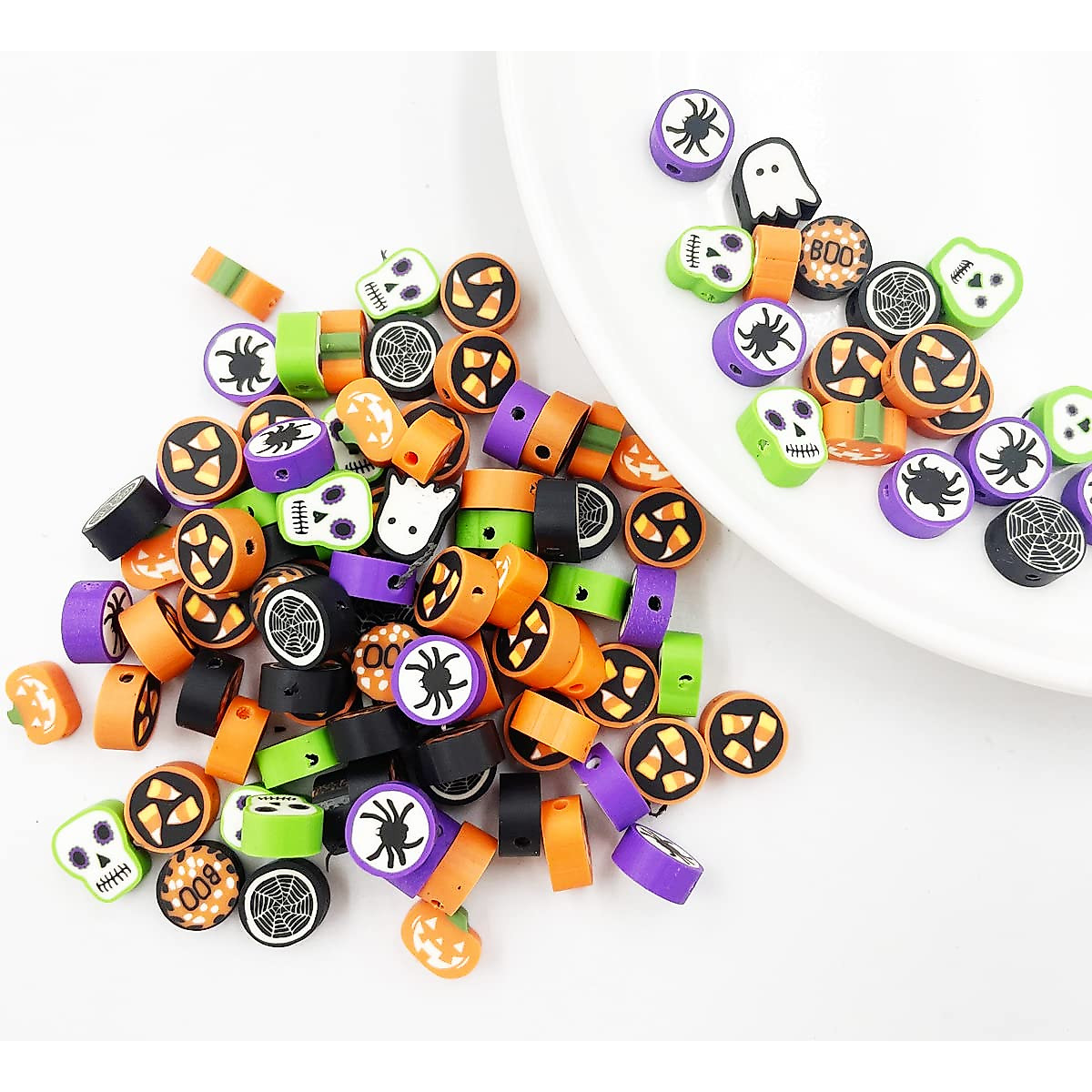 100 Pcs Halloween Handmade Polymer Clay Beads, 10mm Ghost Pumpkin Spider Polymer Clay Spacer Beads for Women Jewelry Making DIY Charms Bracelet Necklace Hair Clip Accessories Handmade Craft