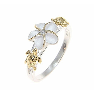 Arthur's Jewelry Sterling silver 925 Hawaiian plumeria flower cz turtle ring 2 tone yellow gold plated size 8