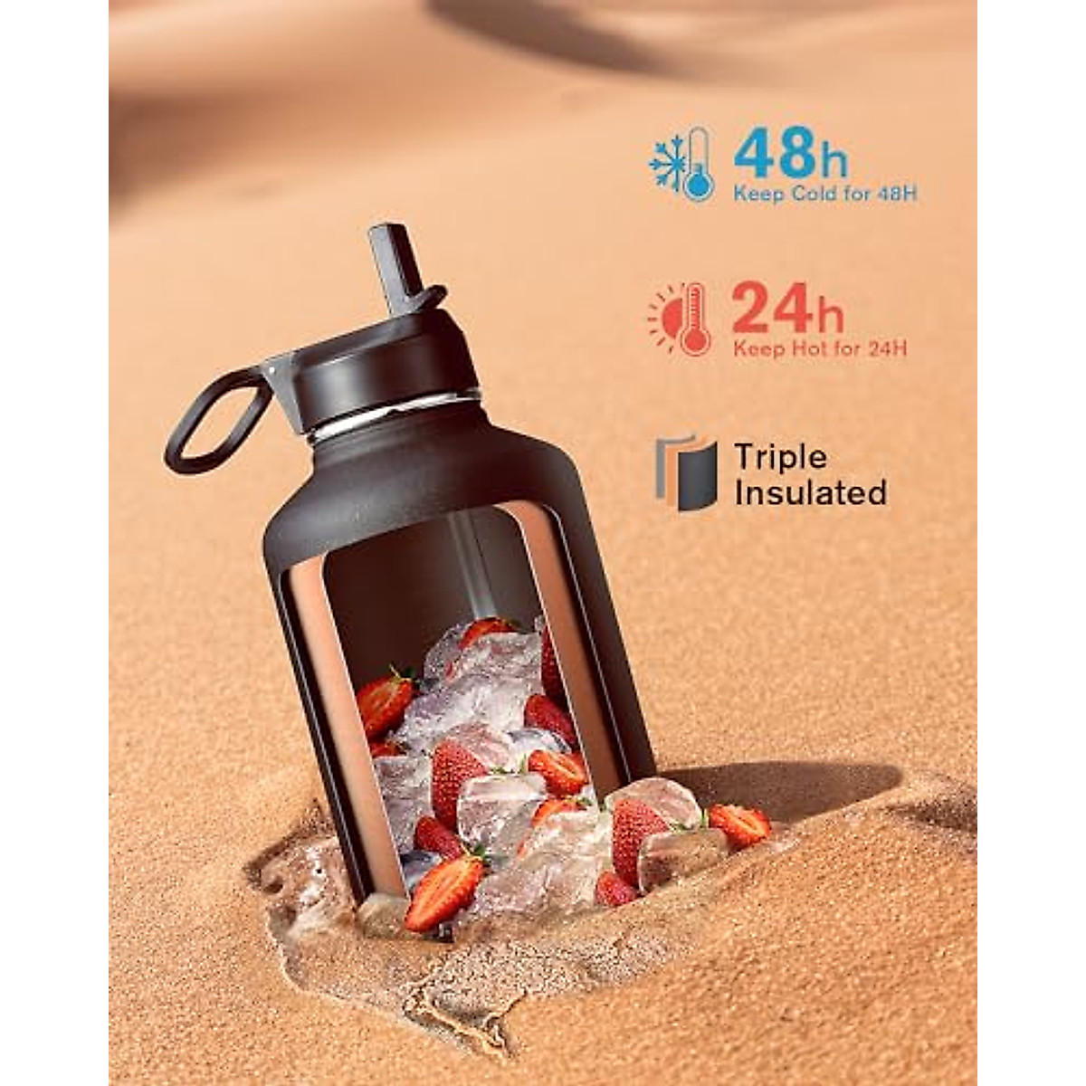 64 oz Water Bottle Insulated with Straw & 3 Lids, Coolflask Large Metal Stainless Steel Water Jug Big Half Gallon Wide Mouth for Sports, Gym or Office, BPA-Free Keep Cold 48H Hot 24H, Magic Black