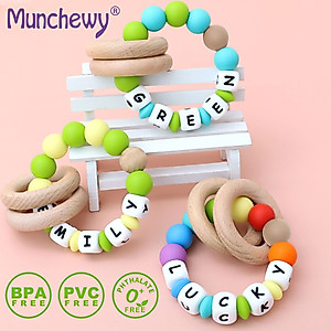 Munchewy Personalized Teether with Name, Customizable Silicone Sensory Chew Bracelet Rattle Ring with Natural Organic Beech Wood Teething Rings for Baby Girls Teether Toys(LightPink/Lilac)
