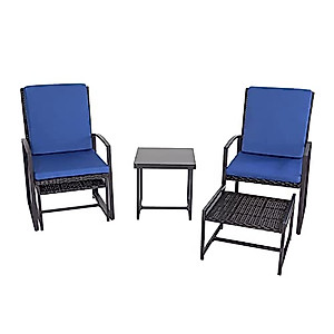 J-SUN-7 5-Piece Patio Furniture Conversation Set PE Rattan All Weather Cushioned Chairs Bistro Set with Ottoman and Glass Coffee Side Table for Balcony Porch, Dark Blue