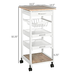 HOMCOM Mobile Kitchen Cart, Rolling Kitchen Island with Storage, Solid Wood Frame Utility Cart with Wire Fruit Baskets, Trays and Drawer, White