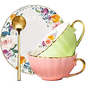 ONEUSTAR Tea Cup and Saucer Set for 2 Porcelain Enghlish Tea Cup Floral Teacups Coffee Cup Set for Mother's Day Thanksgiving in Gift Box 8 Oz