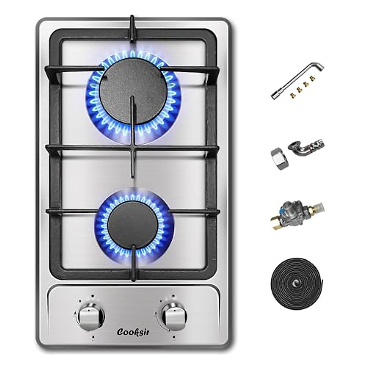 Gas Cooktop 2 Burner, Cooksir Built in Gas Stovetop 12 Inches, NG/LPG Convertible Stainless Steel Gas Hob with Flame Out Protection, for Apartments, Indoor Use, 110v