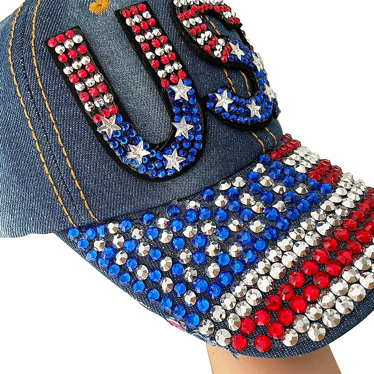Gamusi Unisex USA American Flag Baseball Cap Denim Distressed Rhinestone Hat for Adults (USA Letters)
