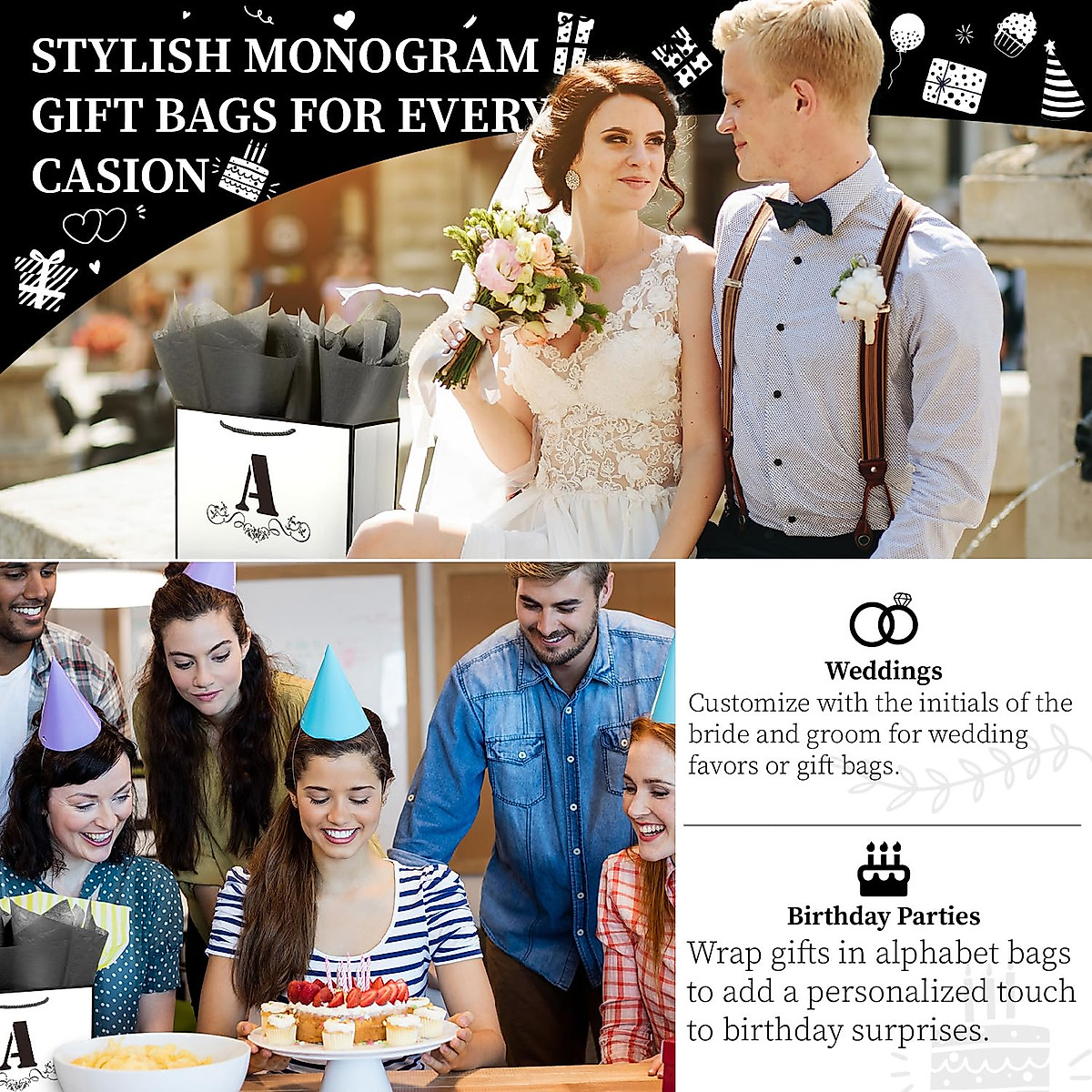 ysmile Letter Gift Bag with Wrapping Tissue for Men Women, 12" Large White Black Paper Bag for Birthday Anniversary - Single A