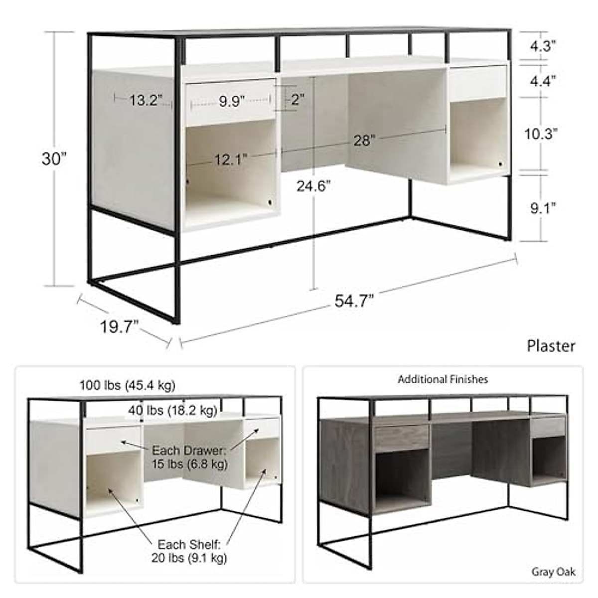 Ameriwood Home Camley Modern 2-Drawer Desk with Fluted Glass Top, Gray Oak