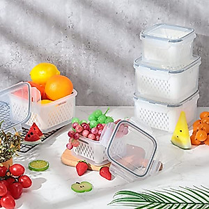 Potchen 6 Pcs Fruit Vegetable Storage Containers Plastic Produce Saver Food Refrigerator Organizer Bins Fresh for Fridge with Lids and Colander (Medium, Small), Clear