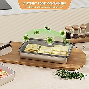 2 Pcs Bacon Container for Refrigerator, 304 Stainless Steel Airtight Deli Meat Storage Containers with Clear Lid and Non-Slip Bottom,for Kitchen Fridge Organizers and Storage (Square+Rectangular)