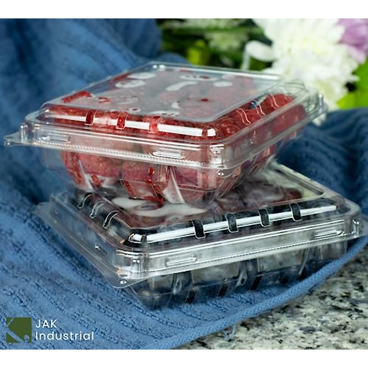JAK Industrial 42 Pack - 6 Ounce Clear Plastic Vented Berry Containers with Clamshell Lids - For Blueberries, Raspberries, Blackberries