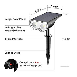 Consciot Solar Spot Lights Outdoor, 16 LEDs IP67 Waterproof Solar Outdoor Lights, Auto On/Off Solar Landscape Spotlights, 2-in-1 Adjustable Wall Lights for Garden Yard Pathway, 2 Pack (Warm White)