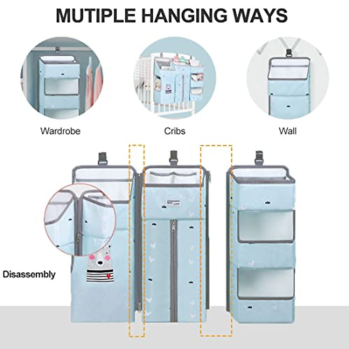 TOCKONIMN Hanging Diaper Caddy Organizer for Baby Crib - 3-in-1 Diaper Stacker for Changing Table Nursery Organization Storage Holder for Baby Essentials Attachment Portable Combining Clothing (Blue)