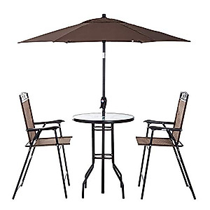 Outsunny 4 Piece Outdoor Patio Dining Furniture Set, 2 Folding Chairs, Adjustable Angle Umbrella, Wave Textured Tempered Glass Dinner Table, Brown