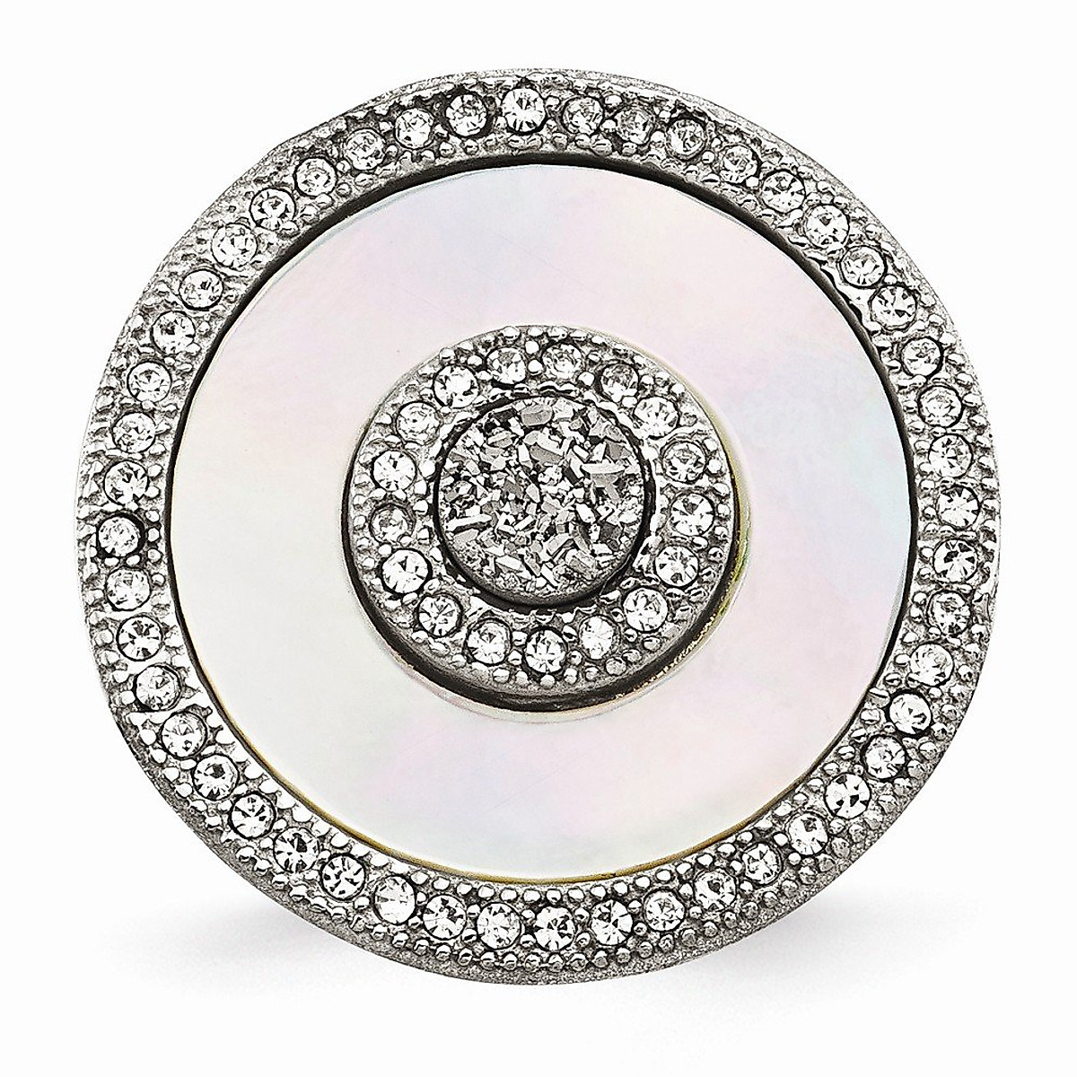 Solid Stainless Steel Mother of Pearl/Druzy Quartz and Crystal Ring Band Size 7