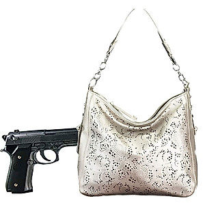Zzfab Laser Cut Bling Hobo fashion CCW Bag Faux Leather Concealed Carry Purse Pewter