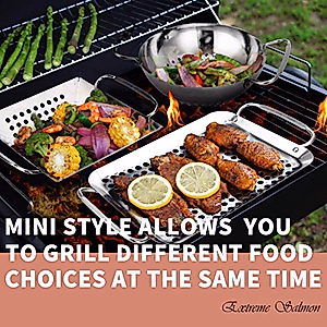 Extreme Salmon 3-Piece Mini Small Grill Topper Set, Heavy Duty Stainless Steel BBQ Grill Wok Grill Basket Grill Pan Set Grill Accessories Perfect for Grilling Vegetable, Diced Meat, Seafood and More