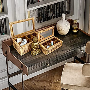 OTOKOHM Rattan Decorative Box With Lid & Removable Divider - Decorative Boxes For Home Decor - Boho Decor Display Box - Decorative Storage Boxes With Lids - Rattan Box With Lid Set of 2