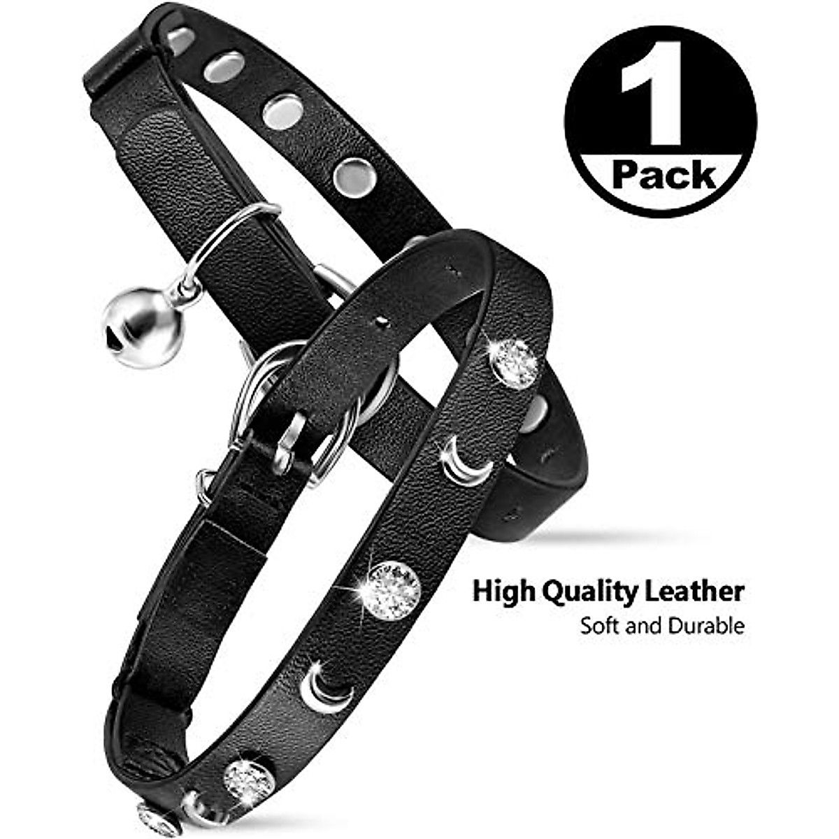 Leather Cat Collars Bell,Cats Safety Collar with Elastic Strap, Adjustable Kitty Collar for Cats, Personalized Moon & Rhinestone 7-10 Inch Length for Cats, Kitten & Puppy (1 Pack Black)