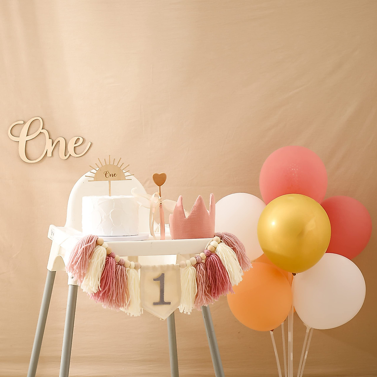 Ikubigu Highchair Banner for 1st Birthday, Handmade Birthday Crown, Highchair Banner, Cake Topper, Baby Shower Photo Props, Birthday Party Decorations Set for Baby Girl Baby Boy(Pink)