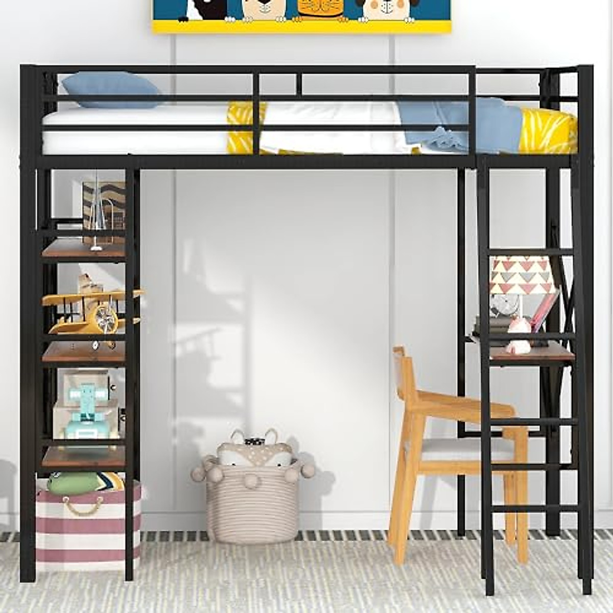 Metal Loft Bed Twin Size, Twin Loft Bed with Desk and 3-Tier Storage Shelves, Twin Loft Bed with Ladder and Full-Length Guardrail, Twin Size Loft Bed for Kids, Teens, Adults, Black Loft Bed with Desk