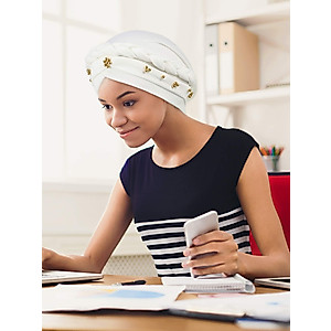 4 Pieces African Women Turban Cap Head Wraps Beaded Headscarf Beanie Wrap (Black, Grey, White, Red,Bead Style)