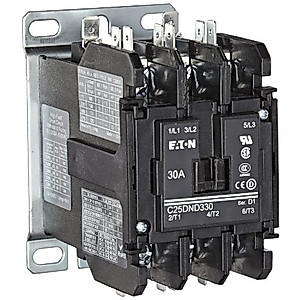 Eaton C25DND330A Definite Purpose Contactor, 50mm, 3 Poles, Screw/Pressure Plate, Quick Connect Side By Side Terminals, 30A Current Rating, 2 Max HP Single Phase at 115V, 10 Max HP Three Phase at 230V, 15 Max HP Three Phase at 480V, 120VAC Coil Voltage