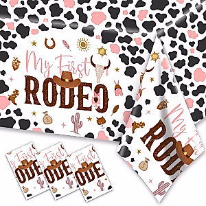 3Pcs My First Rodeo Tablecloths-Cowgirl Baby Shower Decorations Pink Cow Print Western Disposable Rectangular Plastic Table Covers First Rodeo Birthday Party Supplies Girl