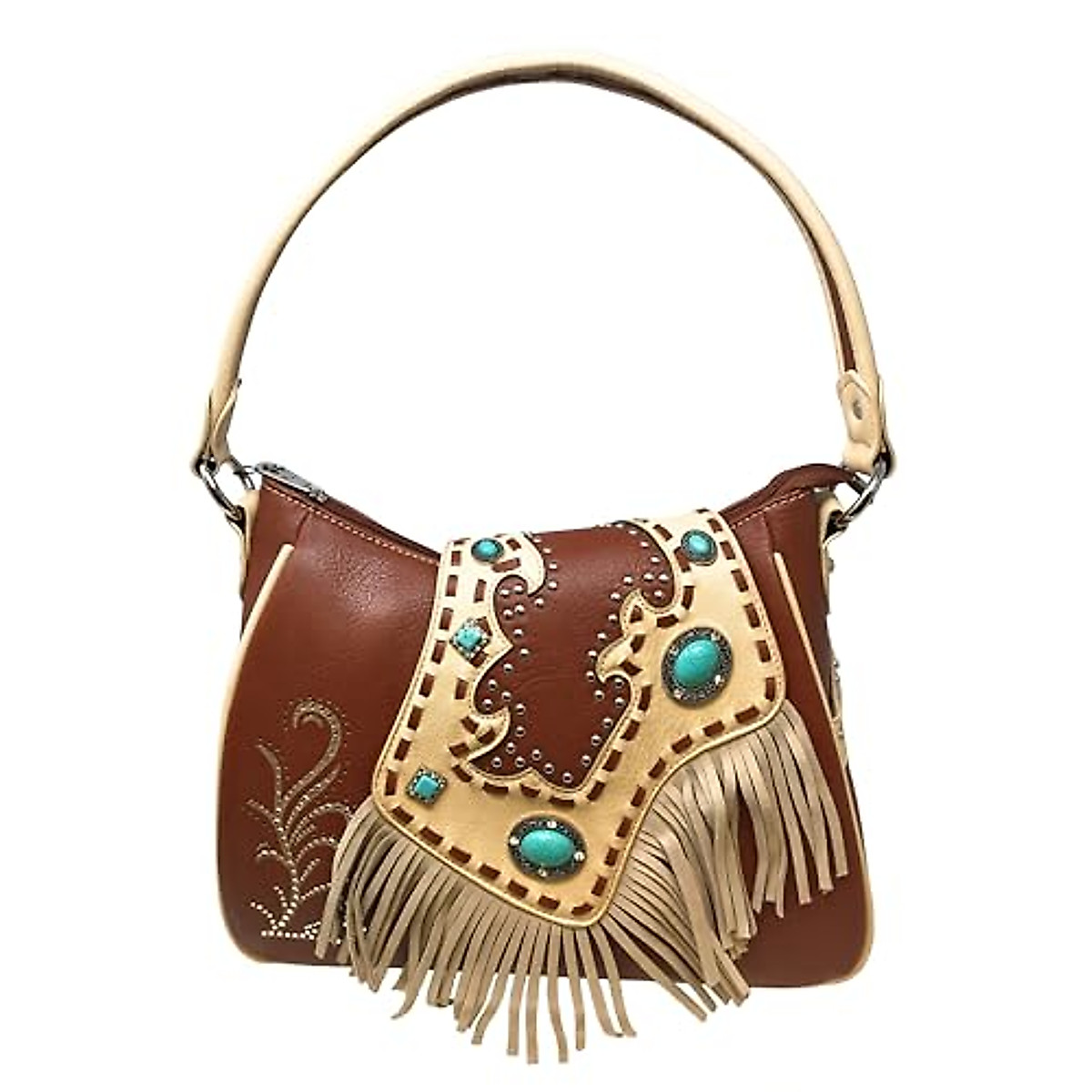 Turquoise and Fringe Western Shoulder Bag - Tan
