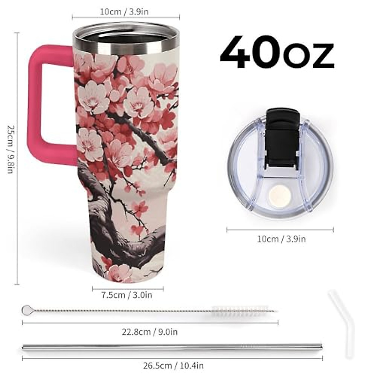 40 Oz Vacuum Tumbler with Light Rose Red Handle Leakproof Insulated Tumbler Japanese Floral Cherry Blossom Stainless Steel Travel Mug with Lid And Straw Coffee Cup Cute Water Bottles Cup Holder Friend