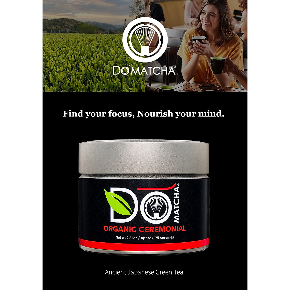 DoMatcha - Organic Ceremonial Green Tea Matcha Powder, Natural Source of Antioxidants, Caffeine, and L-Theanine, Promotes Focus and Relaxation, Kosher, 75 Servings (2.82 oz)