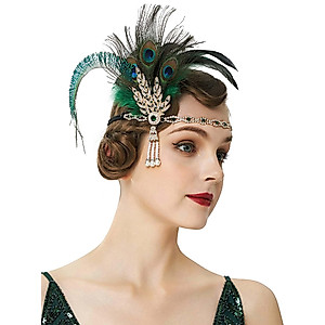 BABEYOND 1920s Flapper Headband Feather Headpiece Roaring 20s Gatsby Hair Accessories for Women (Peacock Green)