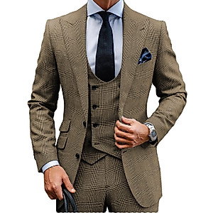 MoranX Casual Men's Suits Regular Fit 3 Piece Double Breasted Wool Plaid Tuxedos Business Blazer+Vest+Pants Wedding…(Gray,46R)