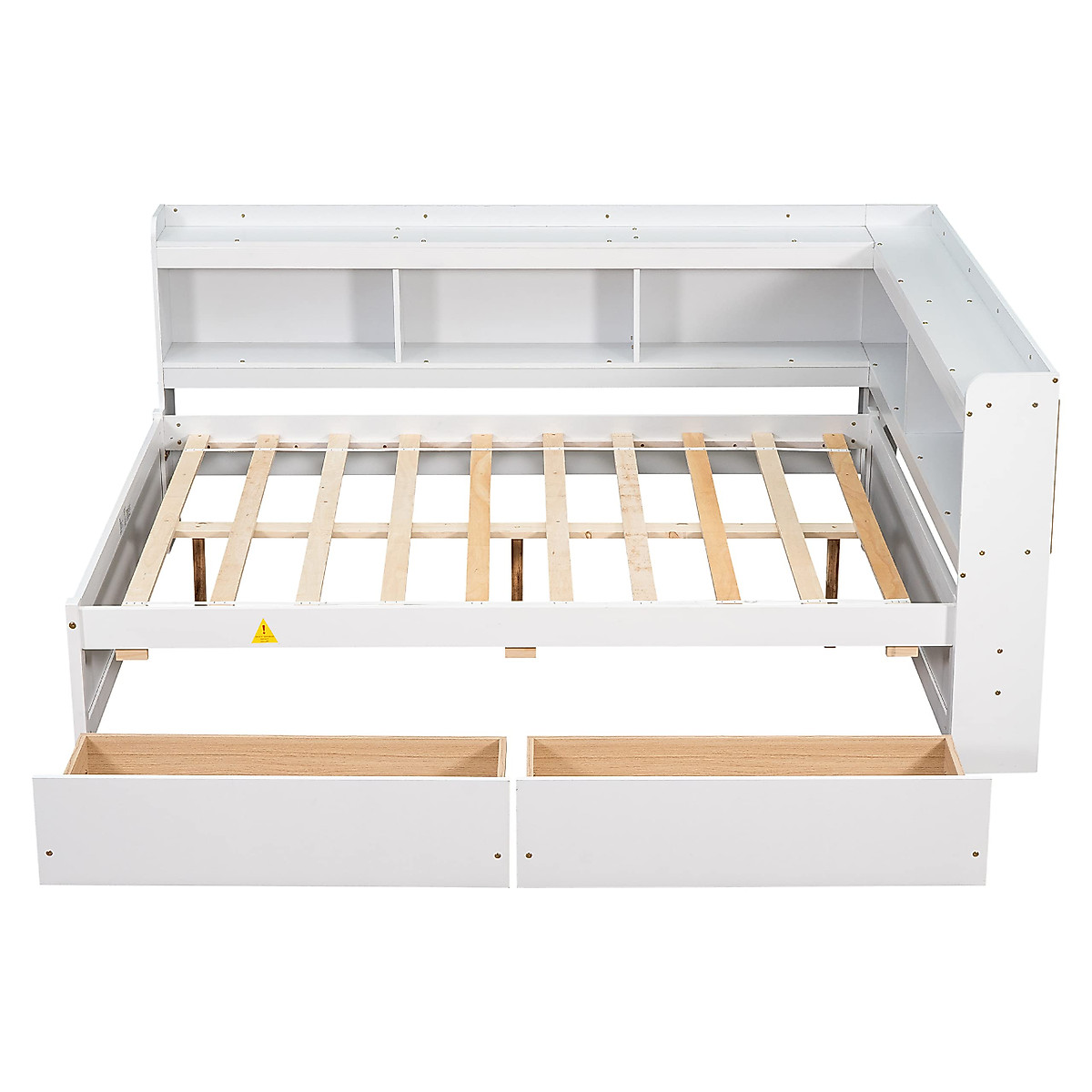 JIVOIT Full Size Captain Platform Bed with L-Shaped Bookcases and Two Storage Drawers, Solid Wood Platform Bed Frame with Wood Slats Support for Kids Teens Adults