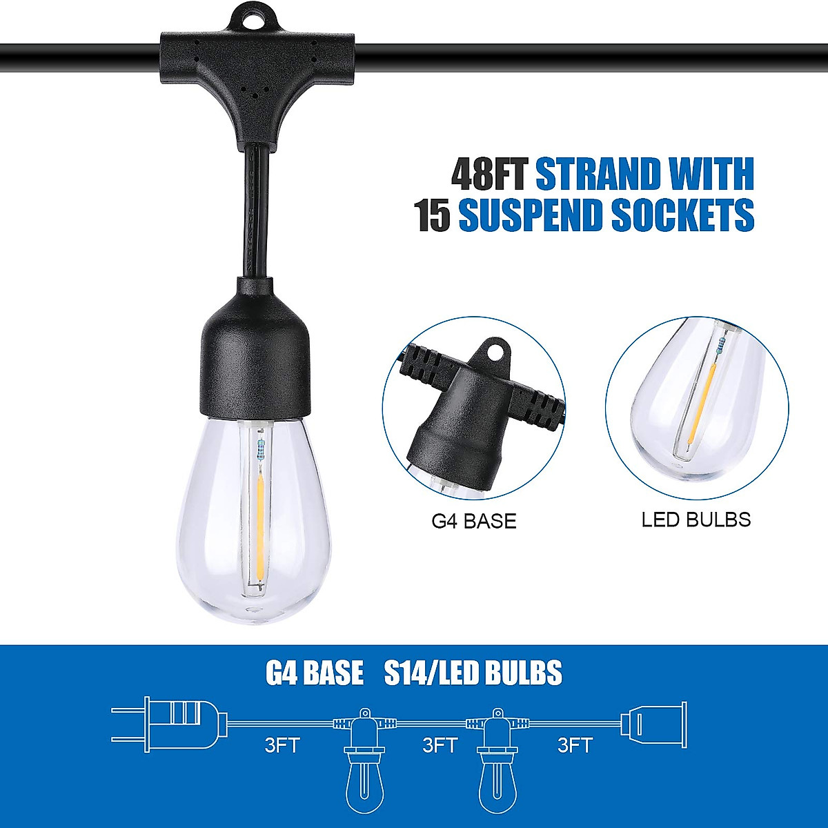 JOYSTA Outdoor String Lights - Waterproof Patio Light String 48FT with 15 Hanging Sockets IP65 Weatherproof Yard Lights 1w S14 Bulbs Lighting for Party Bistro Backyard Garden Cafe