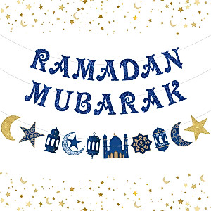 Blue Glitter Ramadan Mubarak Banner Eid Mubarak Decoration, Muslim Islamic Party Decoration, Ramadan Decorations for Home Ramadan Kareem Party Supplies Star and Moon Garland Product Name