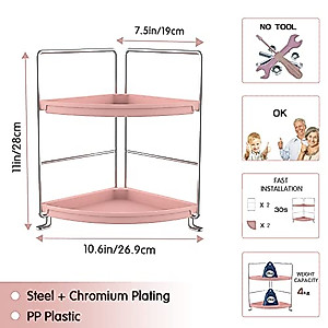 JANUS LiANG 2-Tier Bathroom Countertop Organizer Corner Perfume Shelf Stackable Cosmetic Storage Rack Vanity Tray (Pink & Silver)