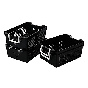 Jekiyo 4 Packs Plastic Basket with Handle, Black Stackable Baskets for Storage