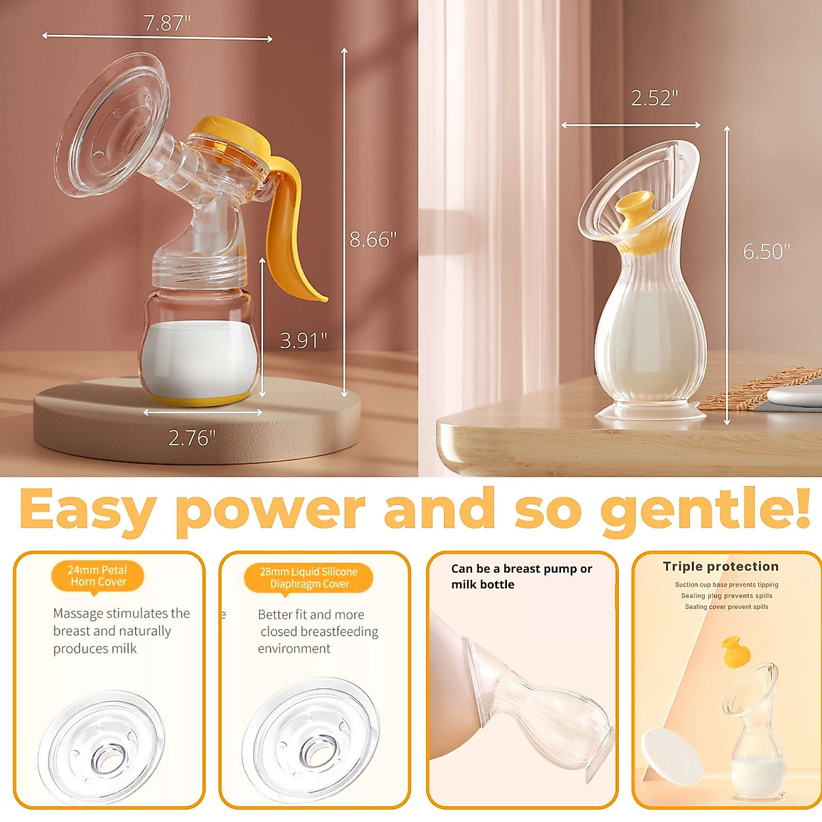 Specialclass Manual Breast Pump - Nursing Stuff for Breastfeeding Essentials, Breast Milk Storing Containers with 24mm and 28mm Silicone Flange Nipple Suction Cups