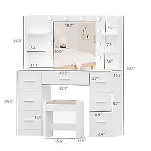 Irontar Vanity Table with Stool, Vanity Desk with 10 LED Lights & 7 Metal Sliding Drawers, Brightness Adjustable, Makeup Vanity with Open Shelves, Dressing Table Set for Women, White WDT005WD